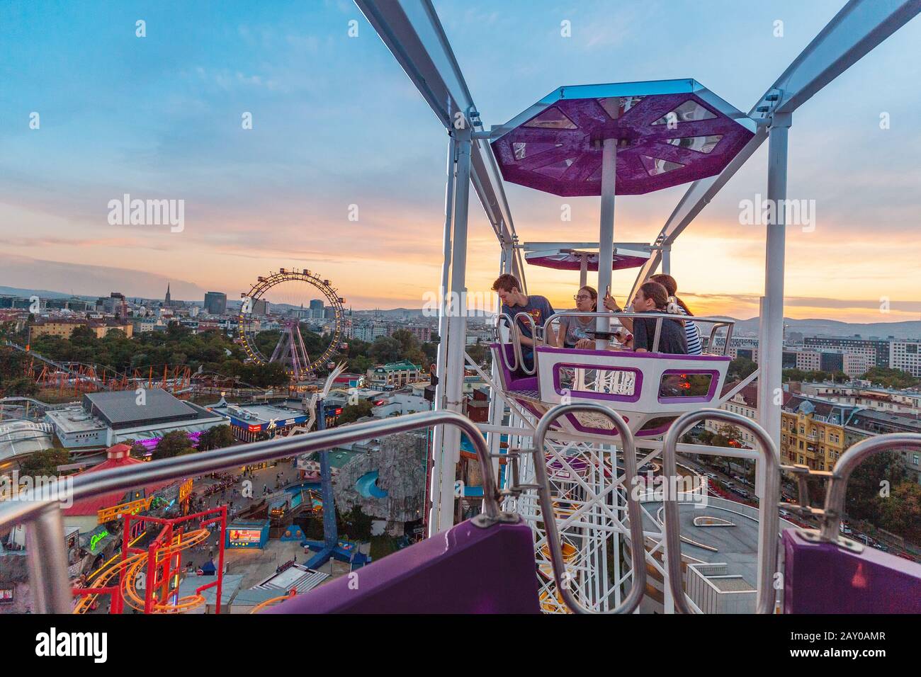 20 July 2019, Vienna, Austria: Wien Prater amusement park, aerial view ...