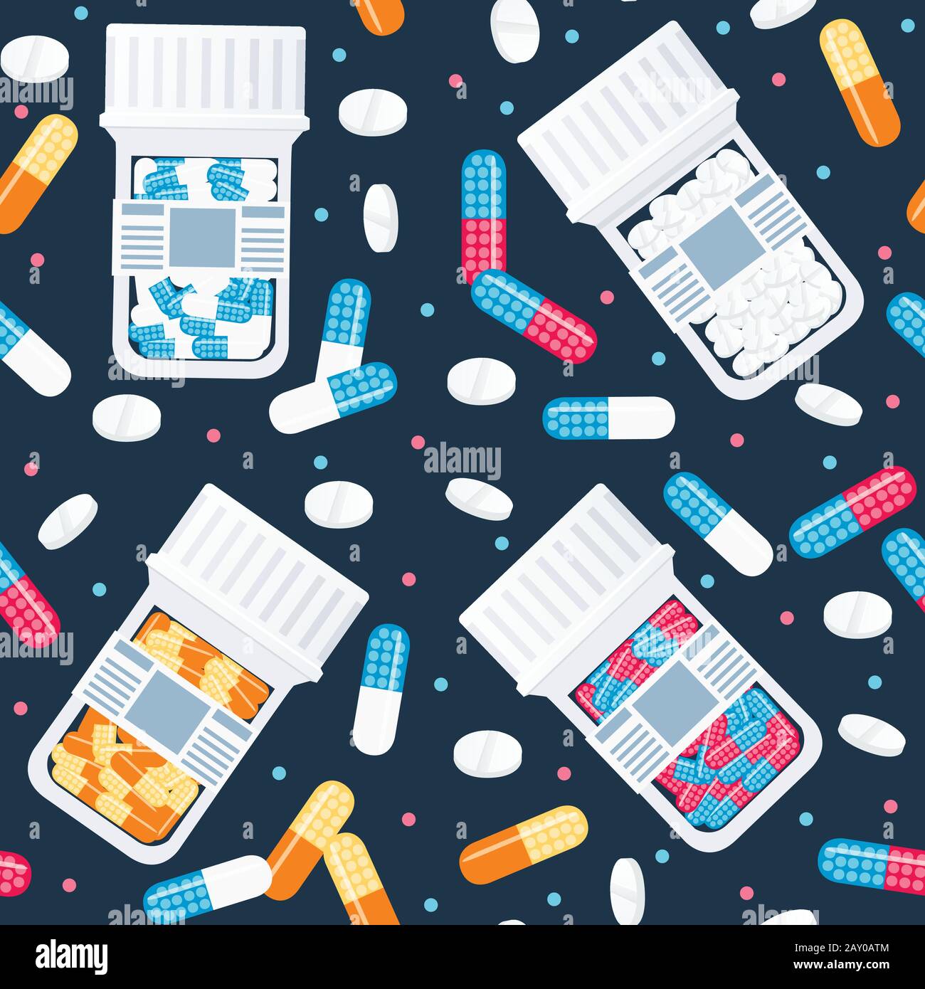 Seamless pattern of pills and tablets full transparent pill bottle flat ...