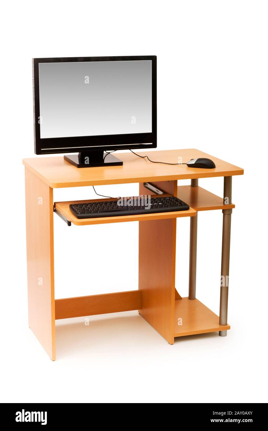 Computer and desk isolated on the white Stock Photo - Alamy