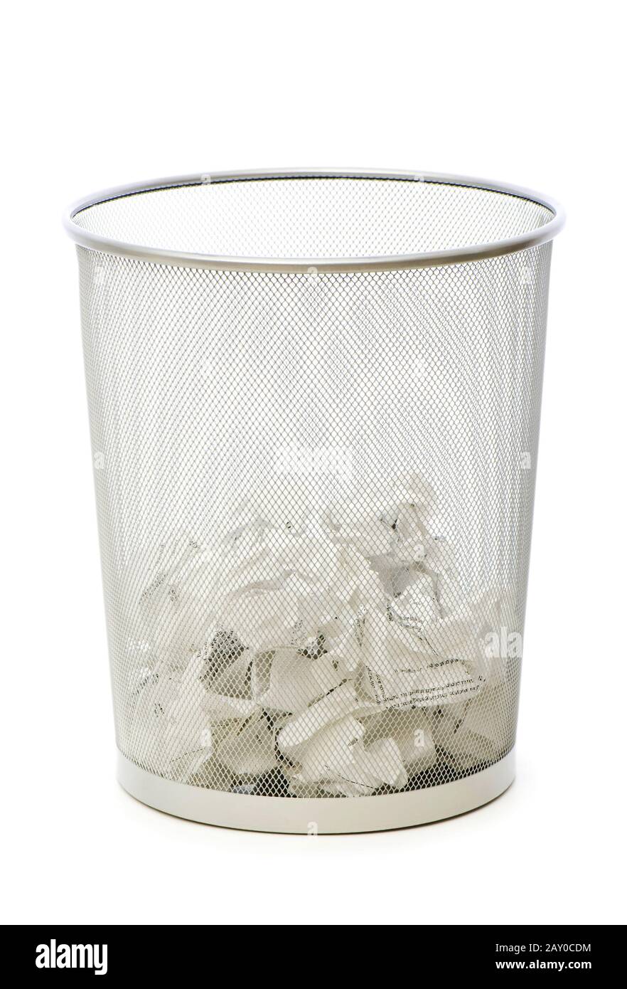 Garbage bin with paper waste isolated on white Stock Photo - Alamy