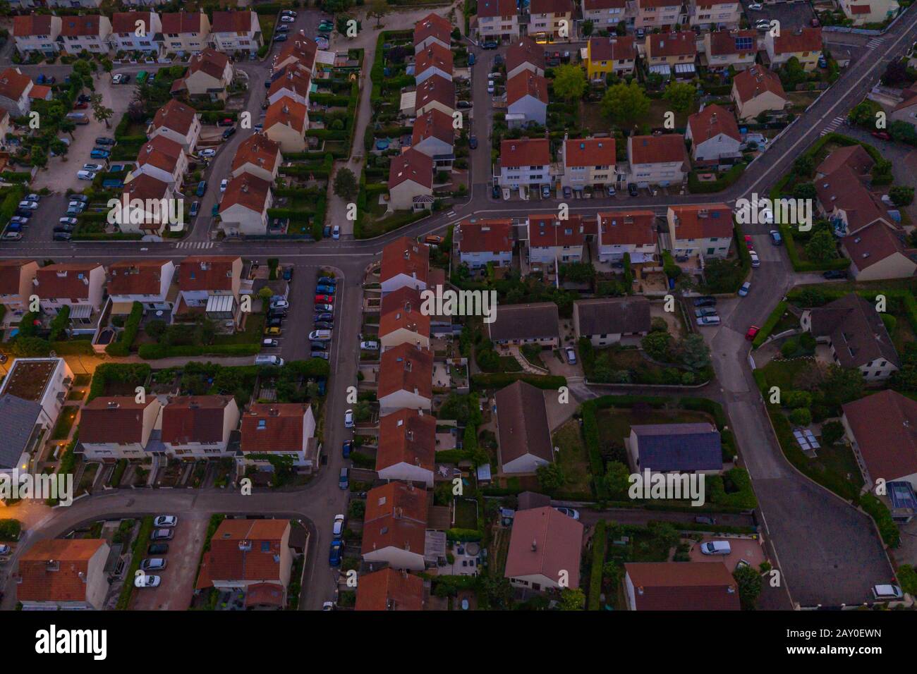 Aerial townscape view of residential houses and street at dusk Stock ...