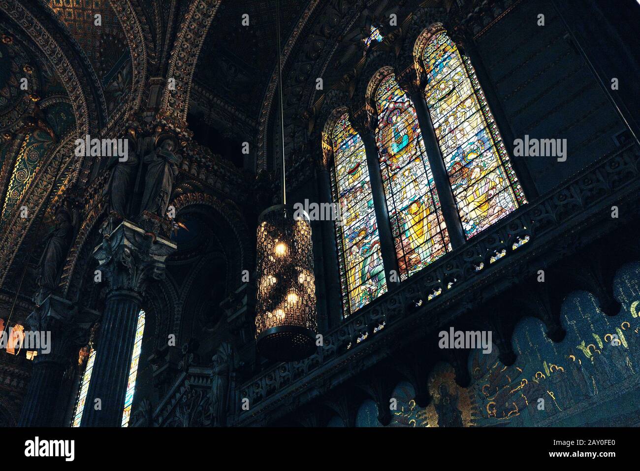 23 July 2019, Lyon, France: Stained glass colorful window in unterior ...