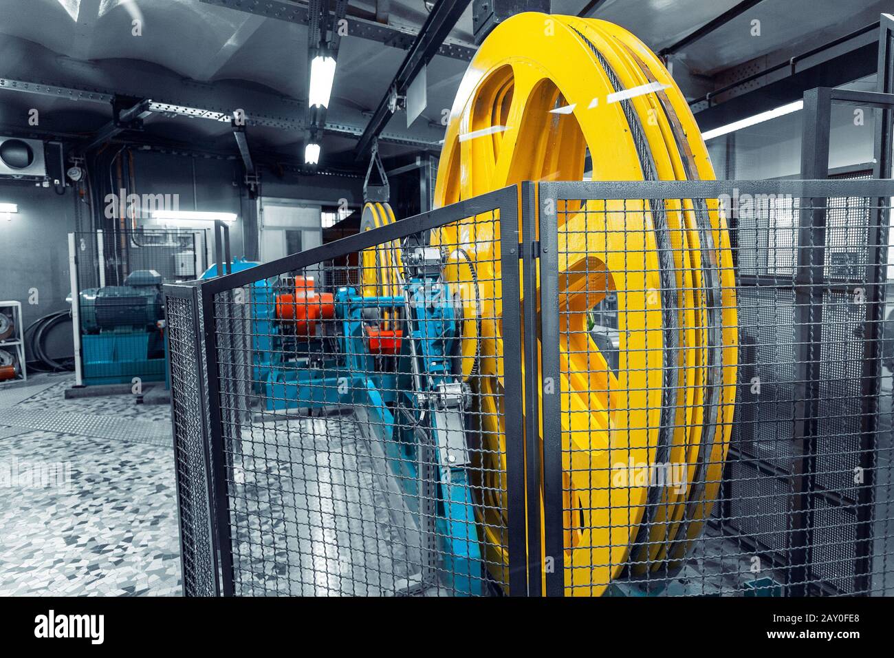 Large drive winch with metal cable for cable car traction Stock Photo ...