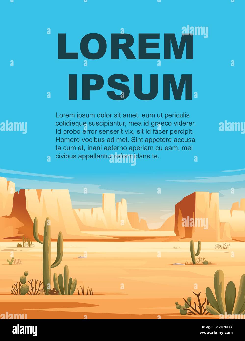 Desert landscape of stone desert with plants and rocks sunny day blue ...