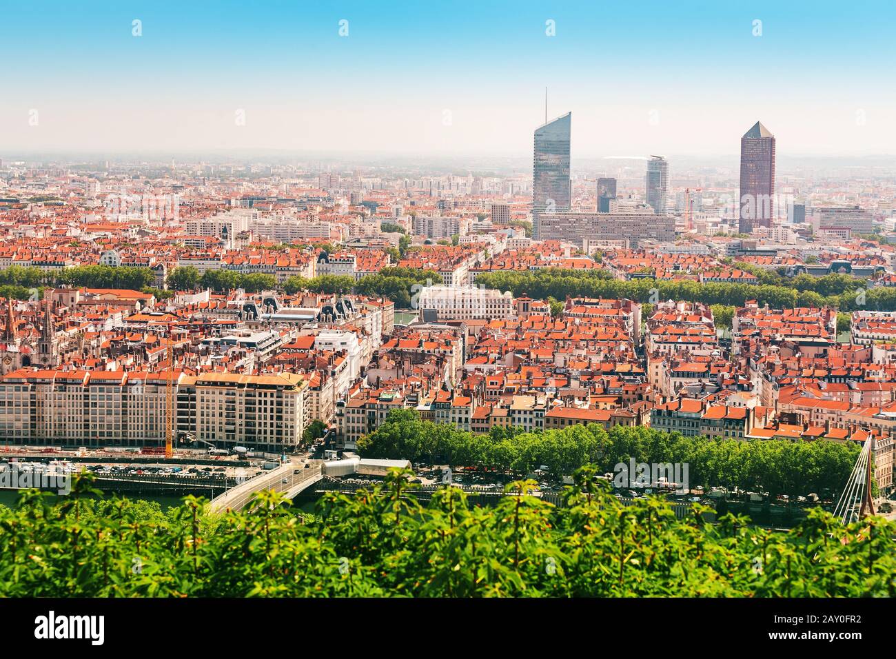 Aerial scenic view of a Lyon city center with orange roofs and ...