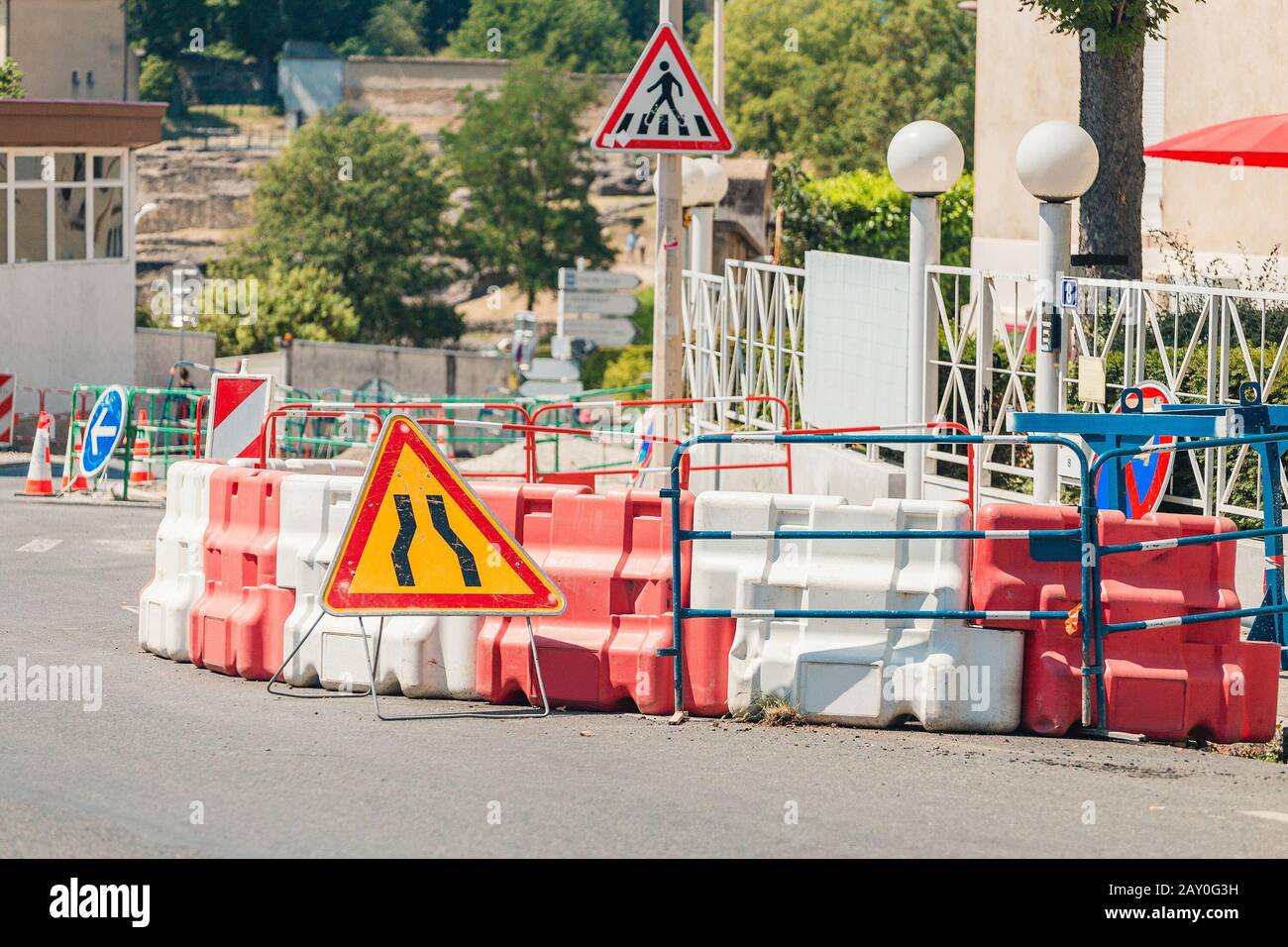 Road closed for reconstruction with various traffic signs Stock Photo ...