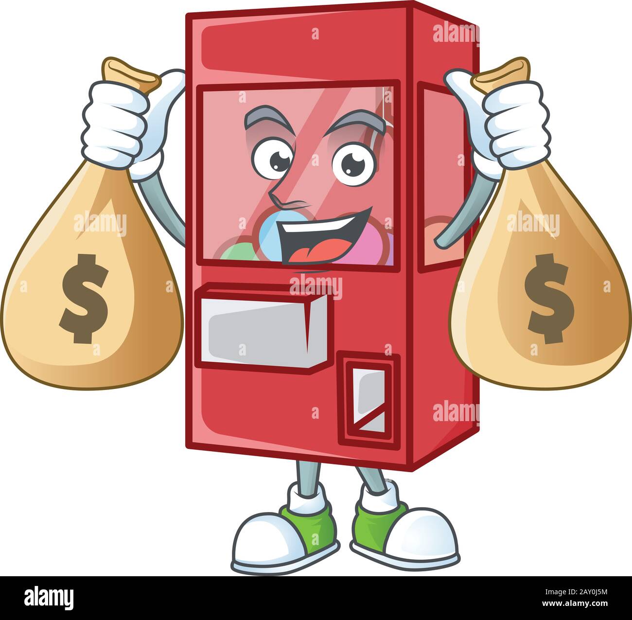 A cute image of toy claw machine cartoon character holding money bags ...