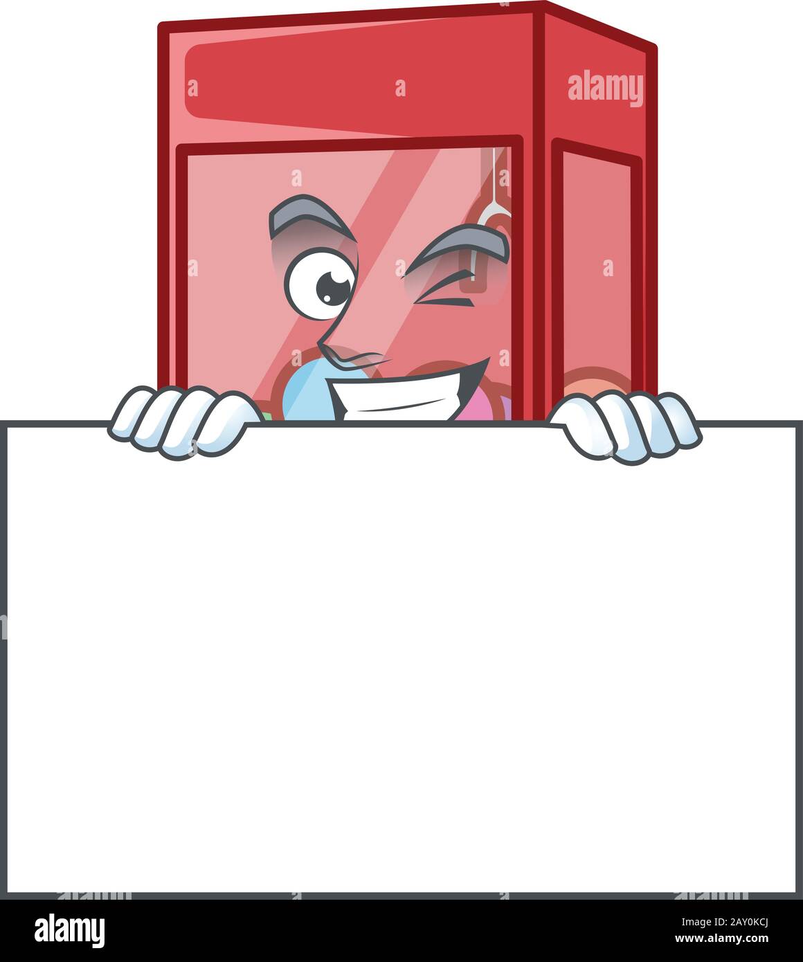 Toy claw machine cartoon character with funny face hides behind a board ...