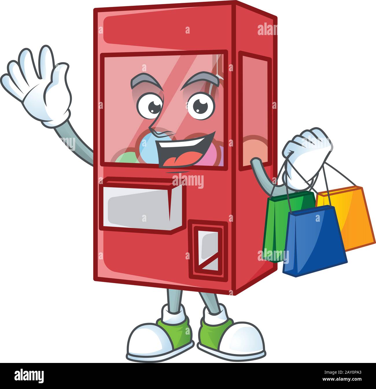 A rich toy claw machine cartoon design waving and holding Shopping bag ...