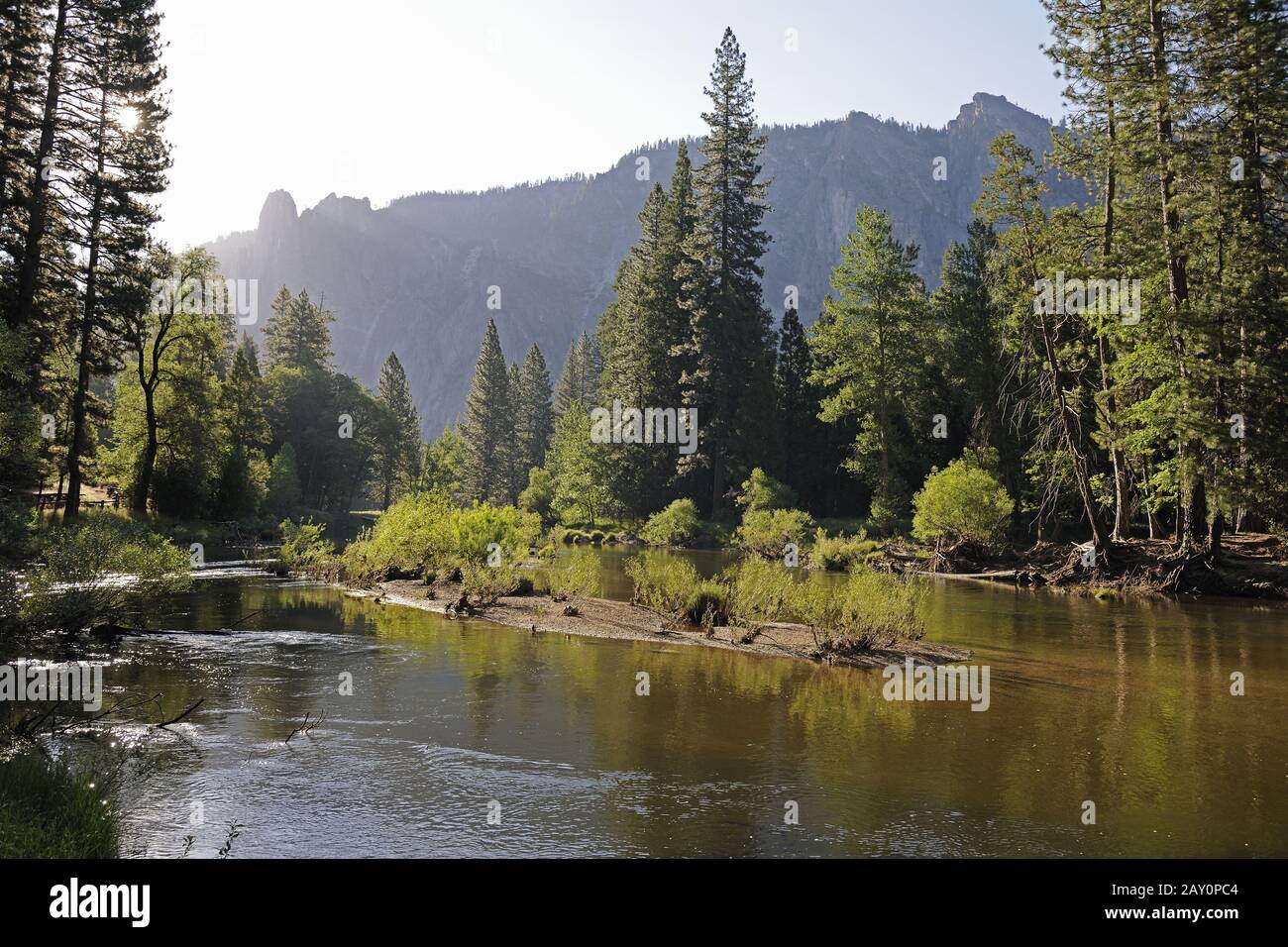 typical landscape form at sunrise, with Merced River, in Stock Photo ...