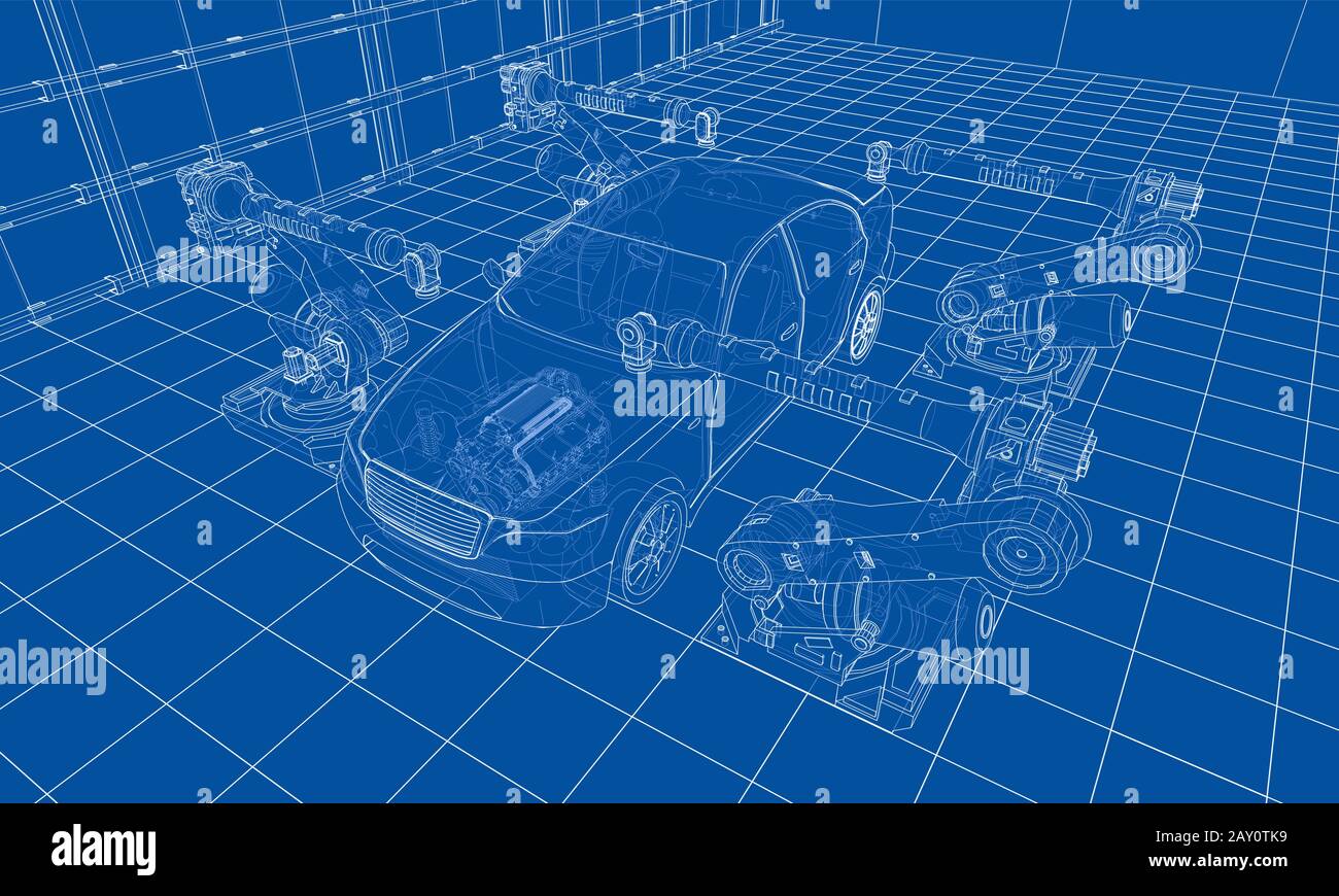 Assembly of motor vehicle. Robotic equipment makes Assembly of car ...