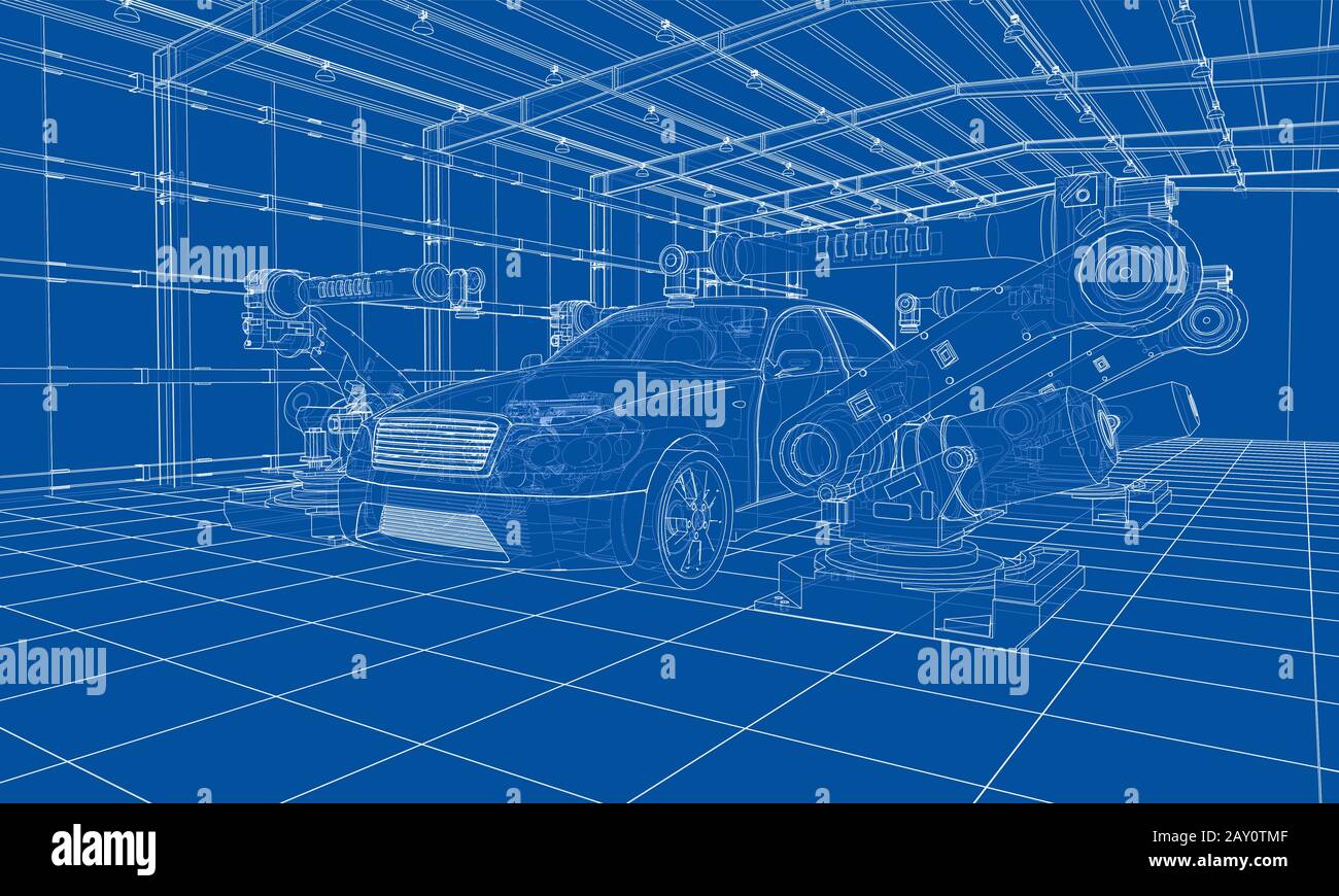 Assembly of motor vehicle. Robotic equipment makes Assembly of car ...