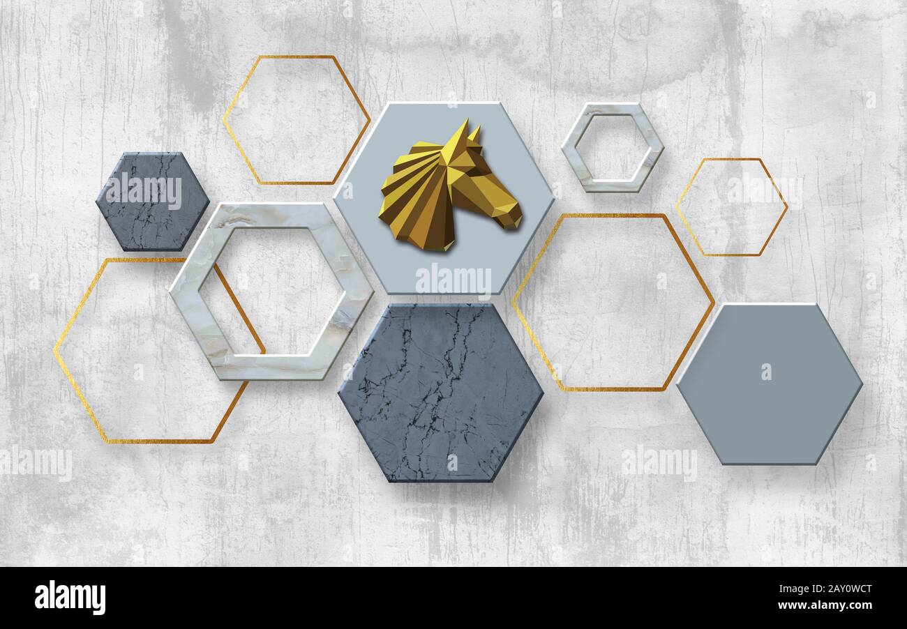 3d illustration, gray grunge background, panel of hexagons and ...