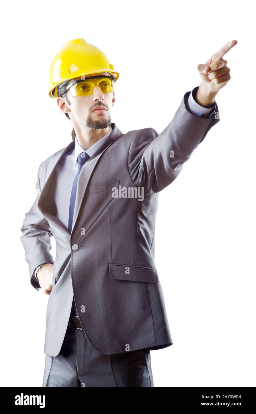 Man with hard hat on white Stock Photo - Alamy