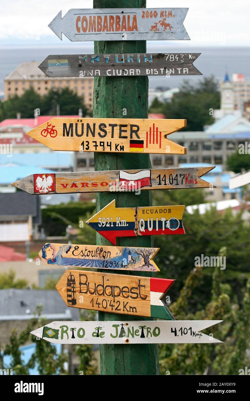 Signpost in Punta Arenas, Chile Stock Photo - Alamy