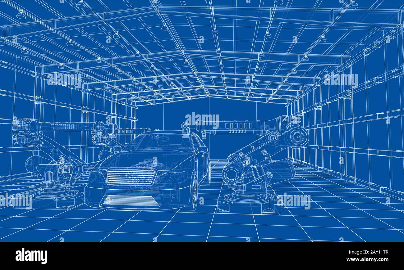 Assembly of motor vehicle. Robotic equipment makes Assembly of car ...