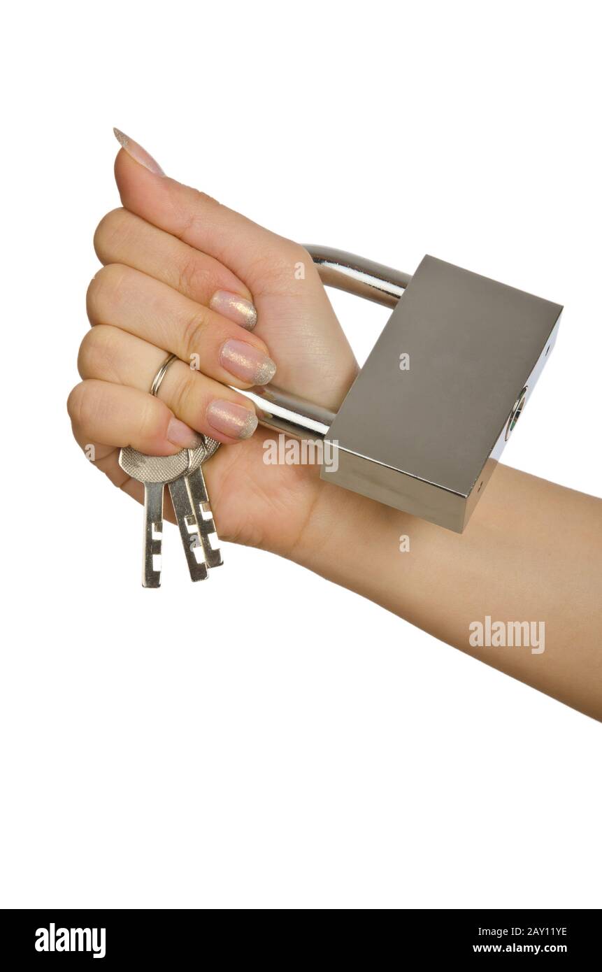 Hand with padlock isolated on white Stock Photo - Alamy