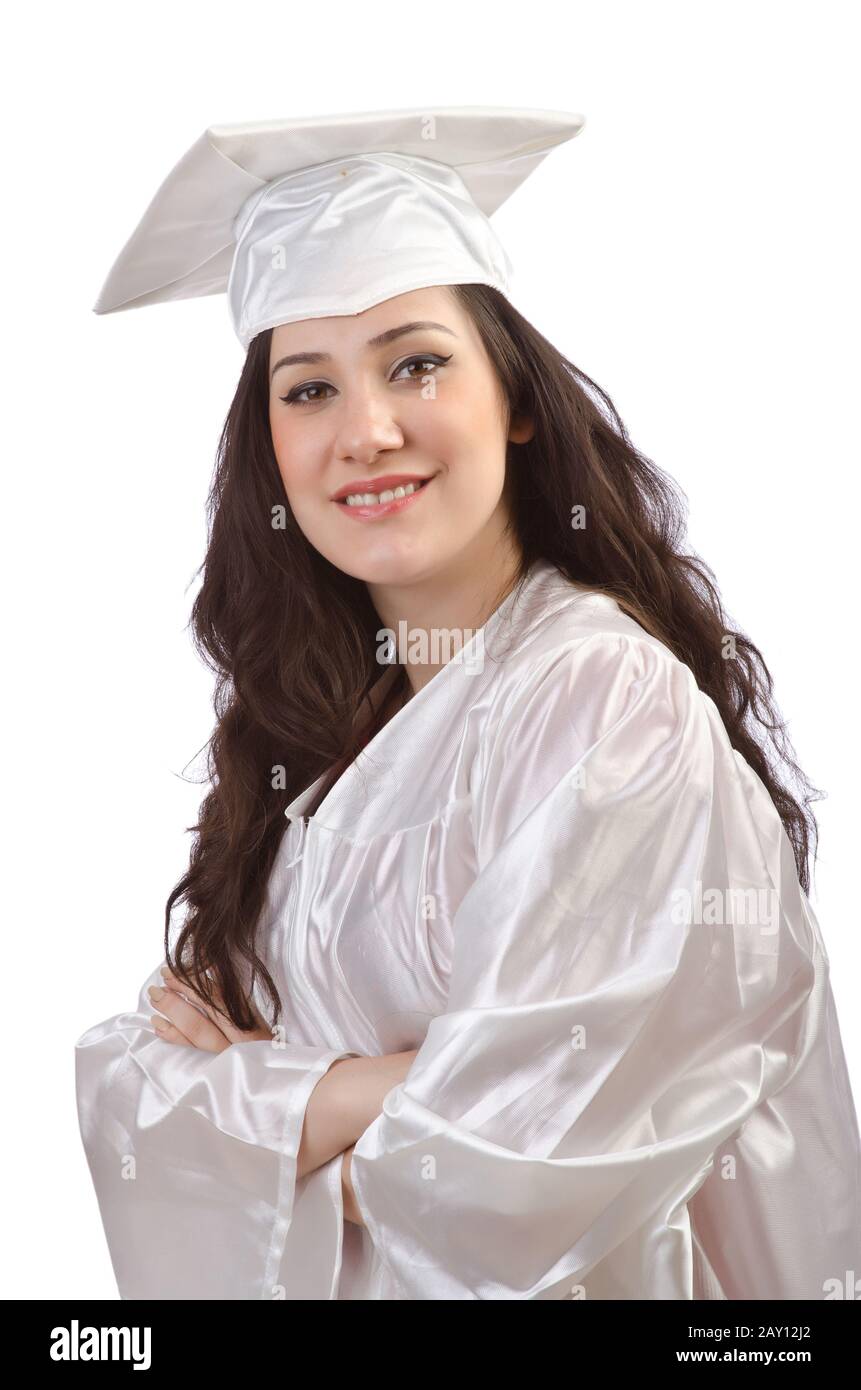 Happy graduate on white background Stock Photo - Alamy