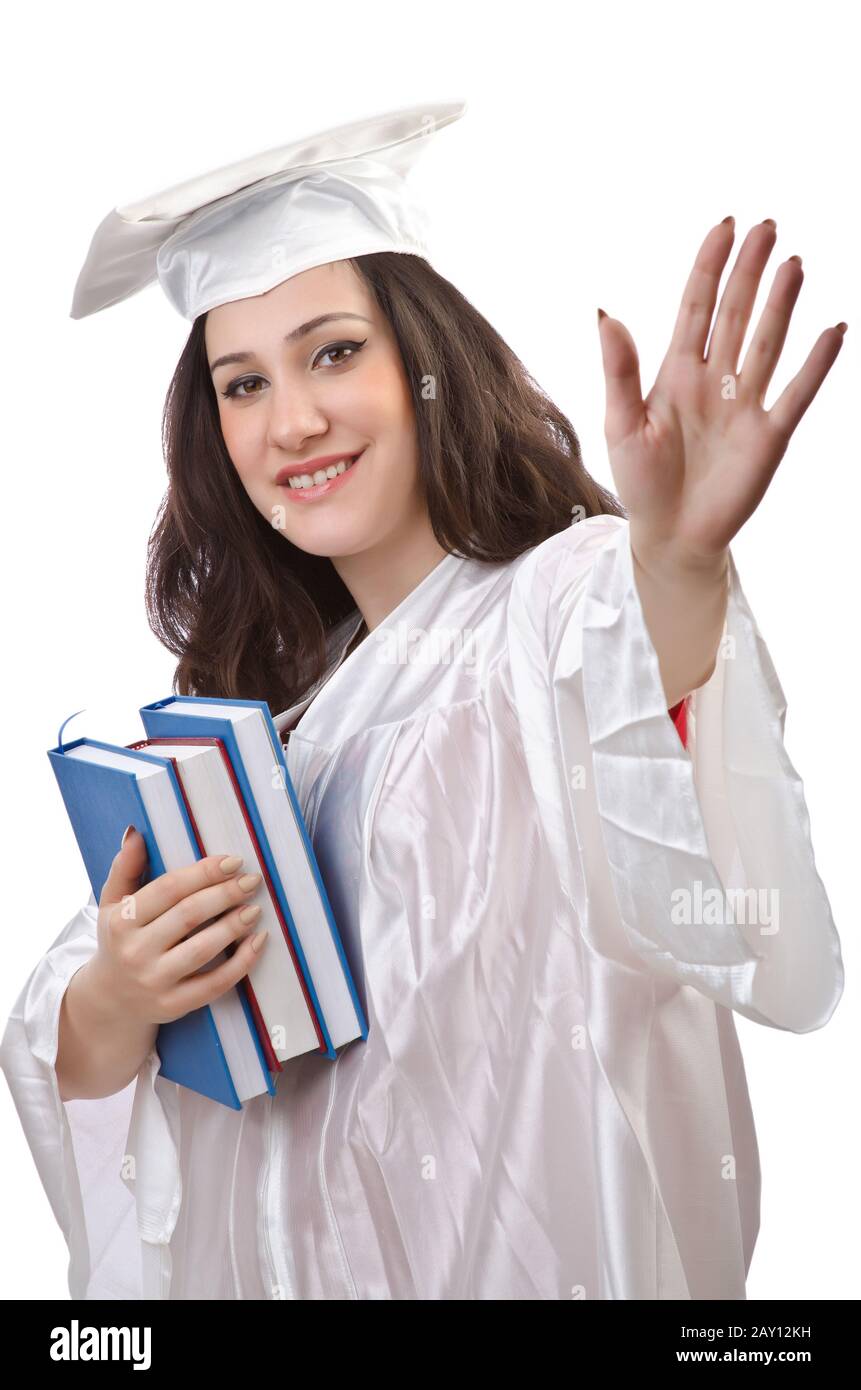 Happy graduate on white background Stock Photo - Alamy