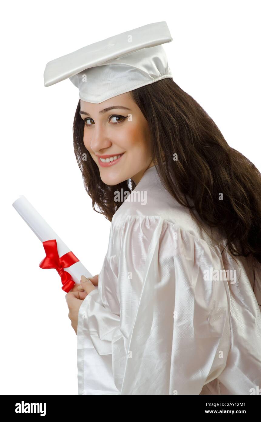 Happy student celebrating graduation on white Stock Photo - Alamy