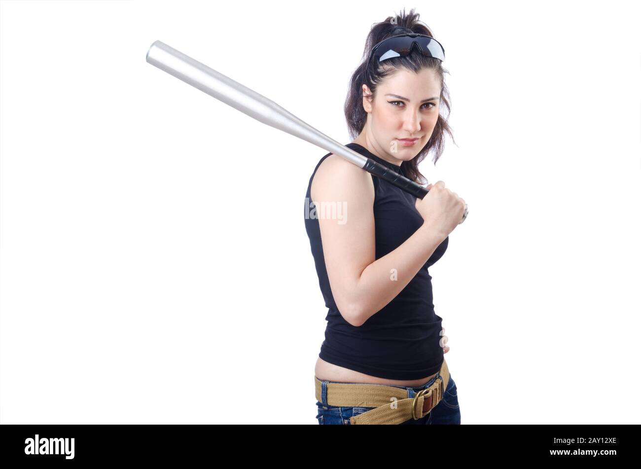 Woman criminal with bat on white Stock Photo - Alamy