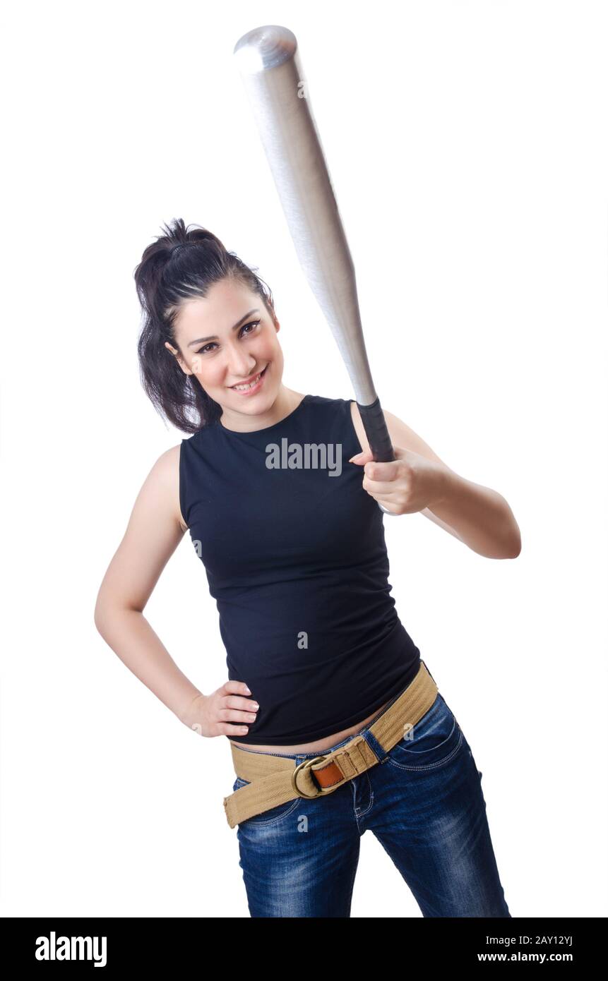 Woman criminal with bat on white Stock Photo - Alamy
