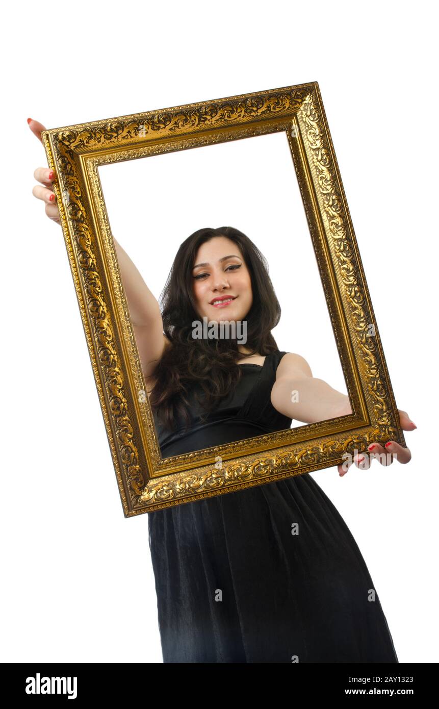 Woman with picture frame on white Stock Photo - Alamy