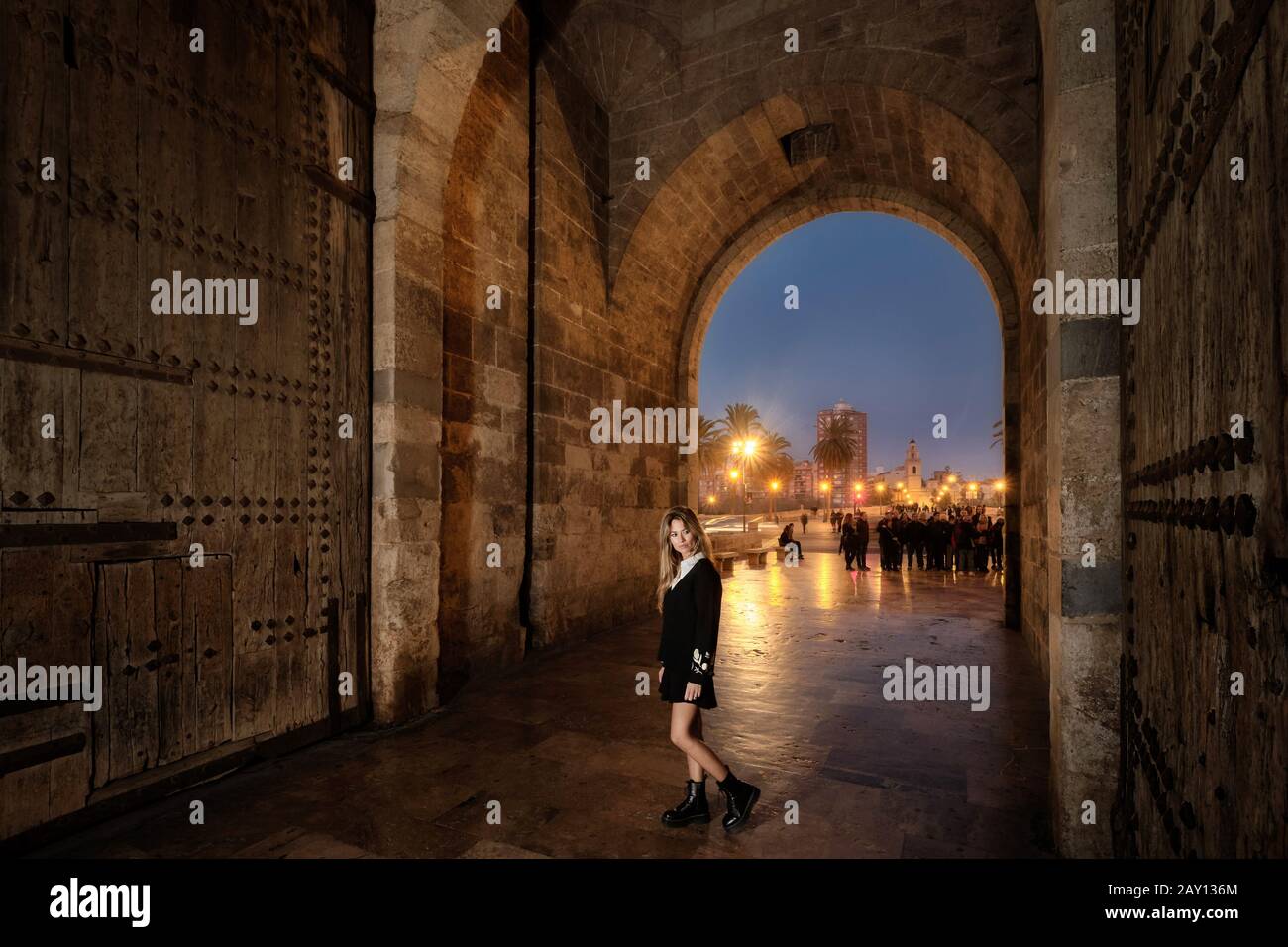Blonde model in Serranos towers (Valencia - Spain Stock Photo - Alamy
