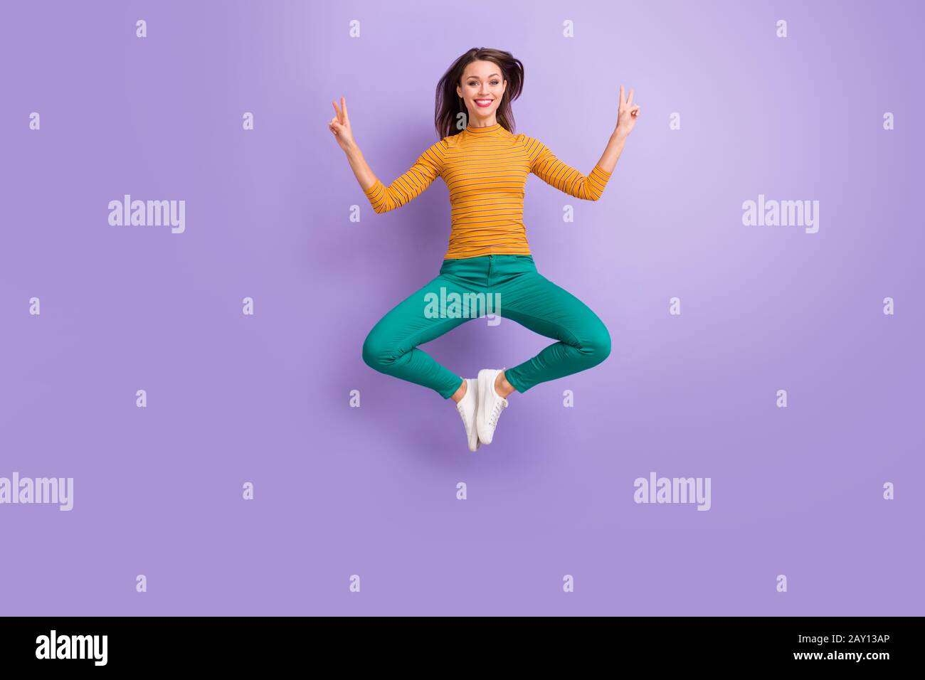 Full length body size view of nice attractive lovely cheerful cheery ...