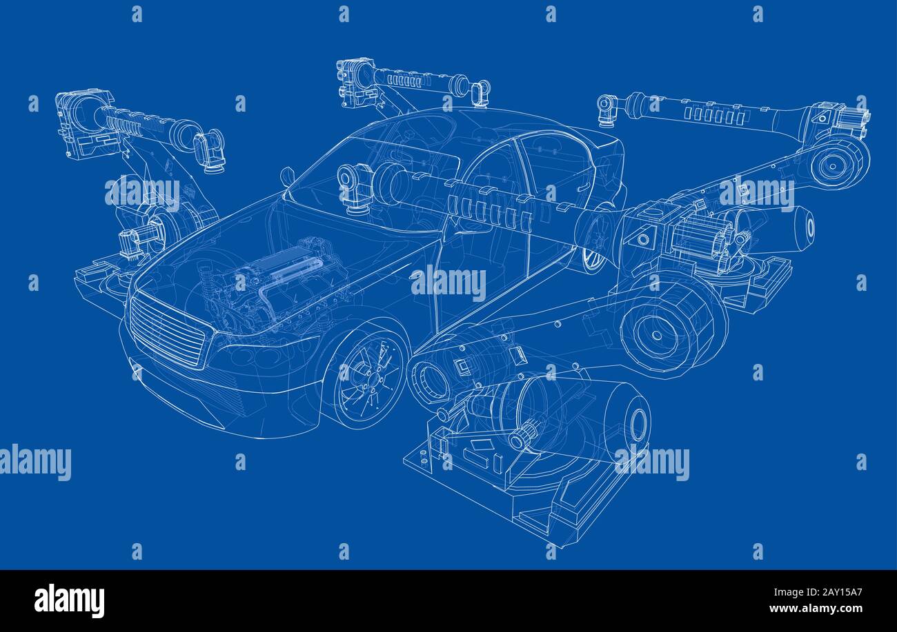Assembly of motor vehicle. Robotic equipment makes Assembly of car ...