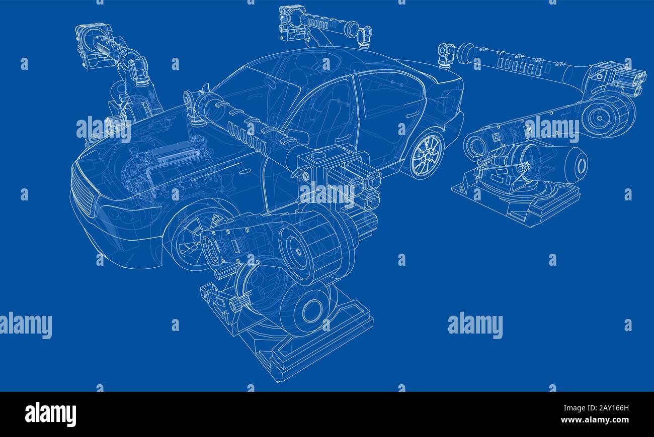 Assembly of motor vehicle. Robotic equipment makes Assembly of car ...