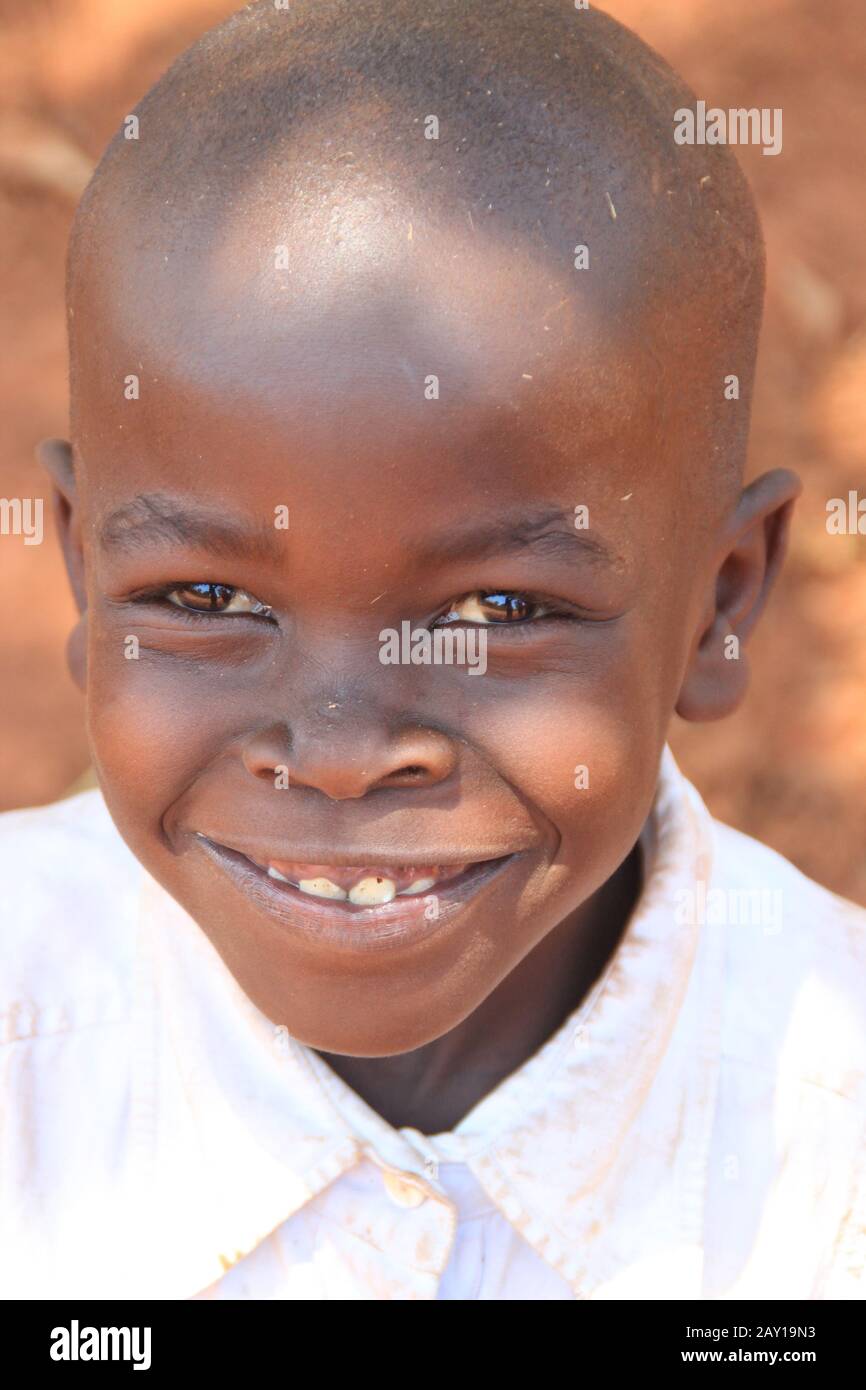 Kampala, Uganda - January 27, 2015: potraite of African village boy ...