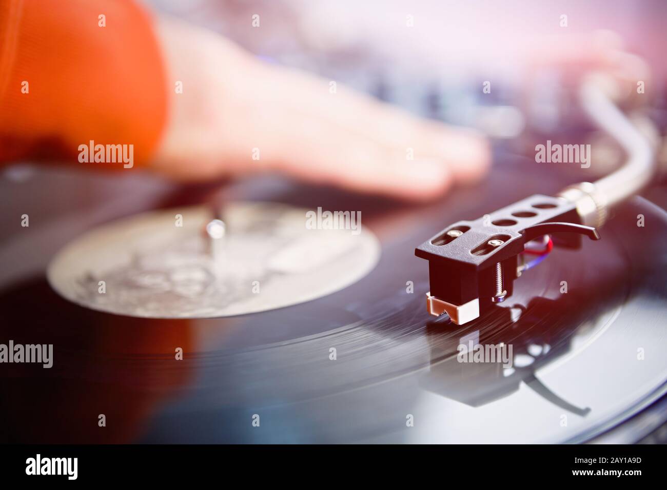 Retro turntable plays vinyl record with music.Professional hip hop dj ...