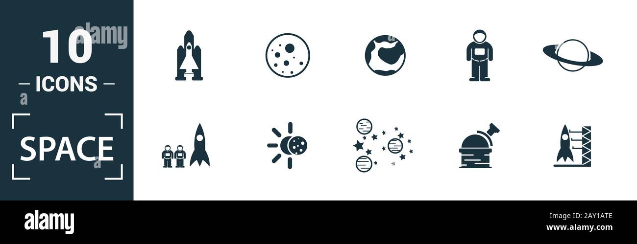 Space icon set. Include creative elements earth planet, stars, spaceship, spacemen, telescope ...