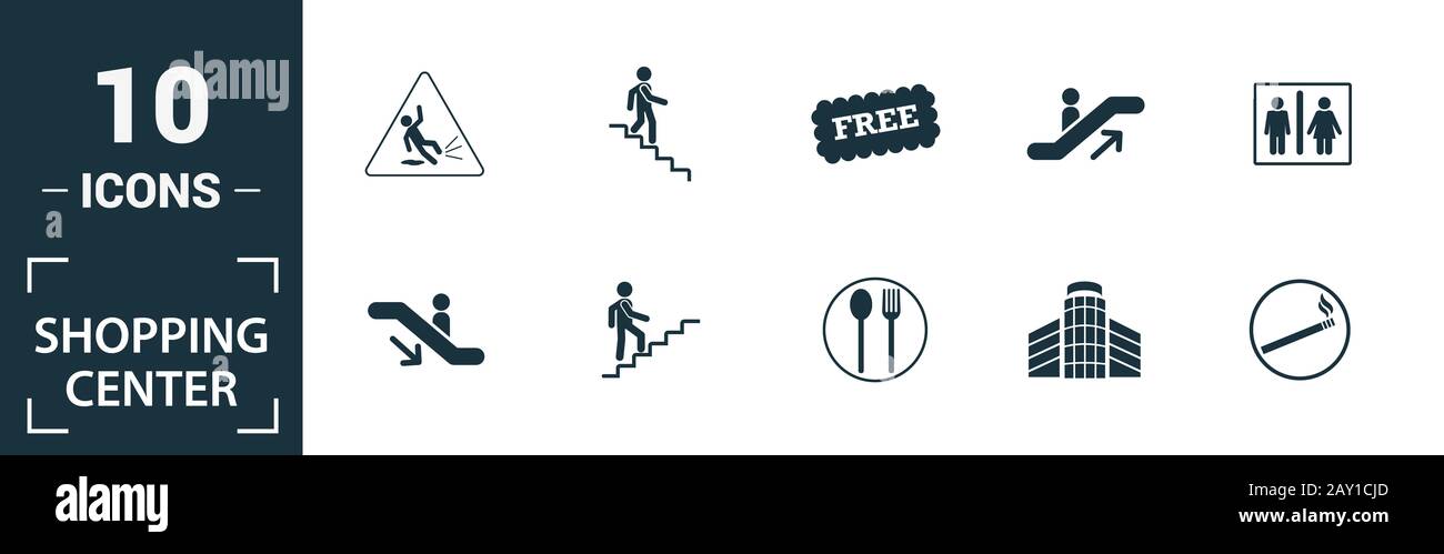 Shopping Center Icons icon set. Include creative elements stairway up ...