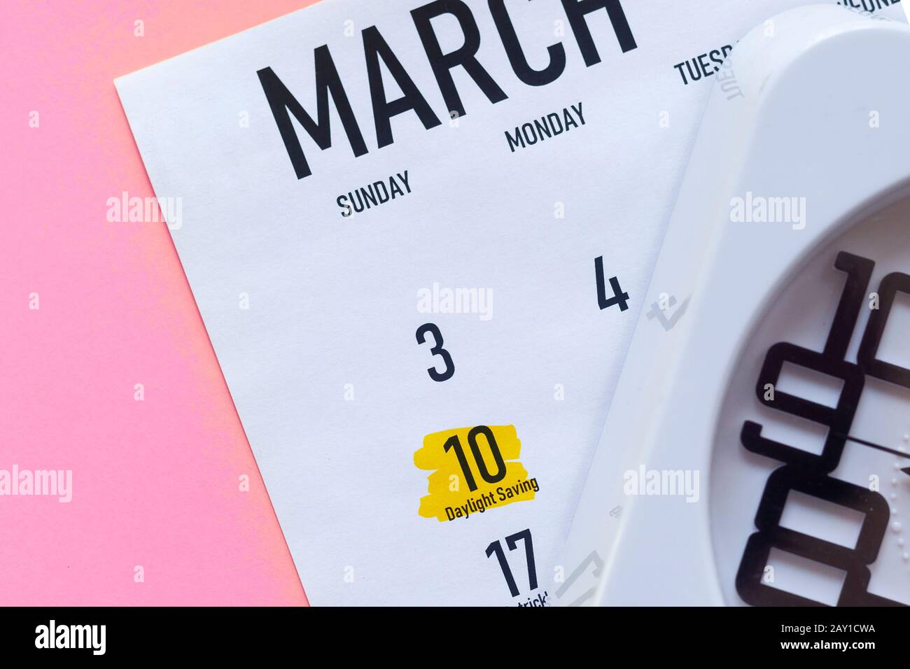 10th march 2020. Daylight saving day highlighted marked on the monthly ...