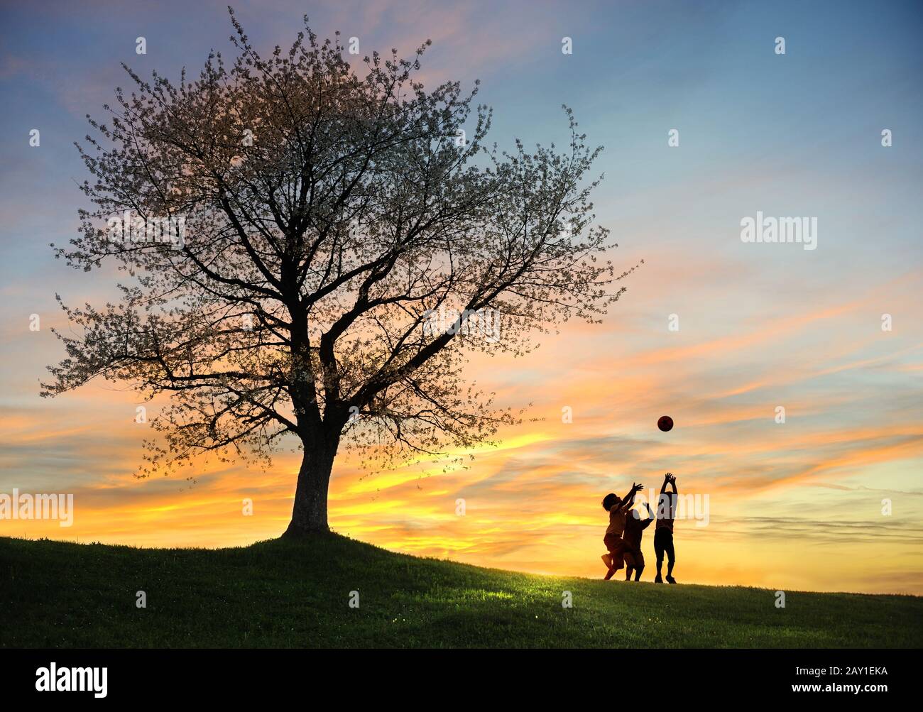 Children playing in sunset with ball Stock Photo - Alamy