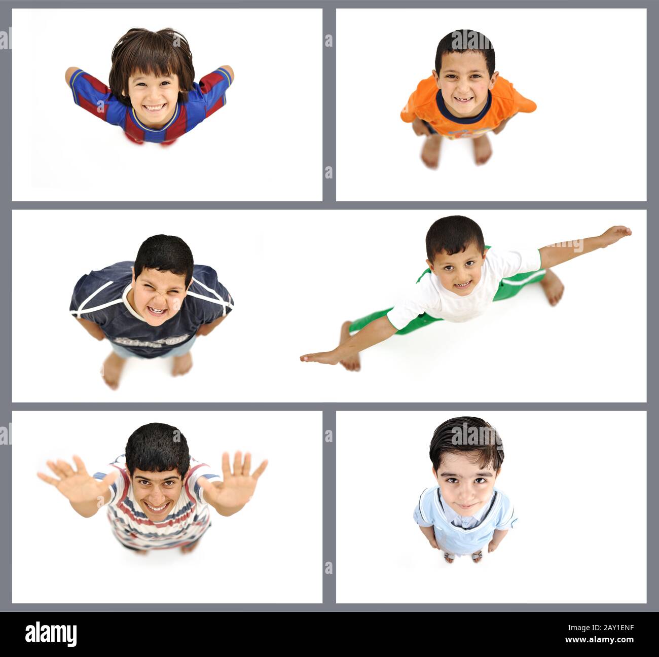 Happy child, positive fresh little boy from above, different angle ...