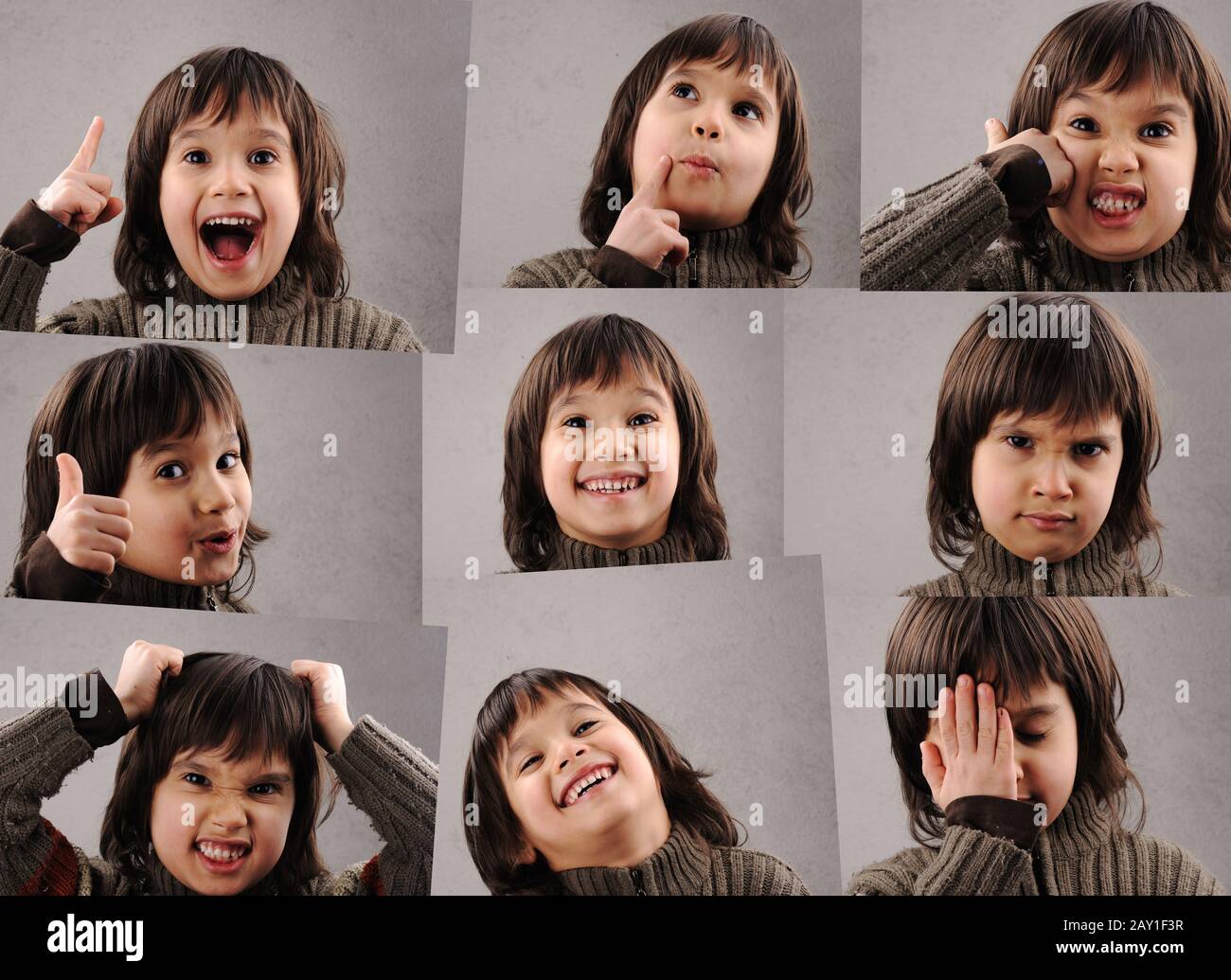 Schoolboy, series of clever kid 6-7 years old with facial expressions ...