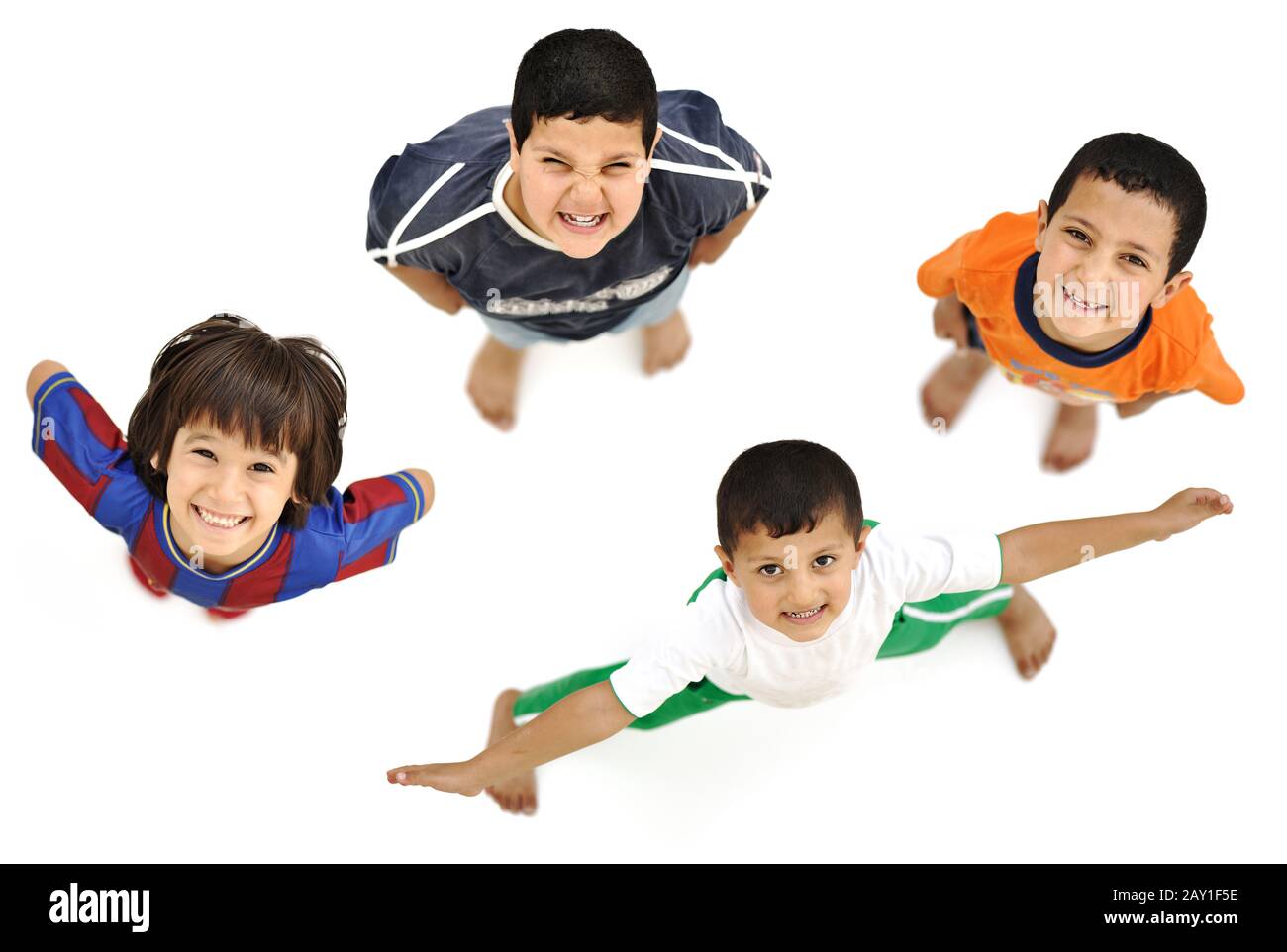 Happy child, positive fresh little smiling boy from above, different ...