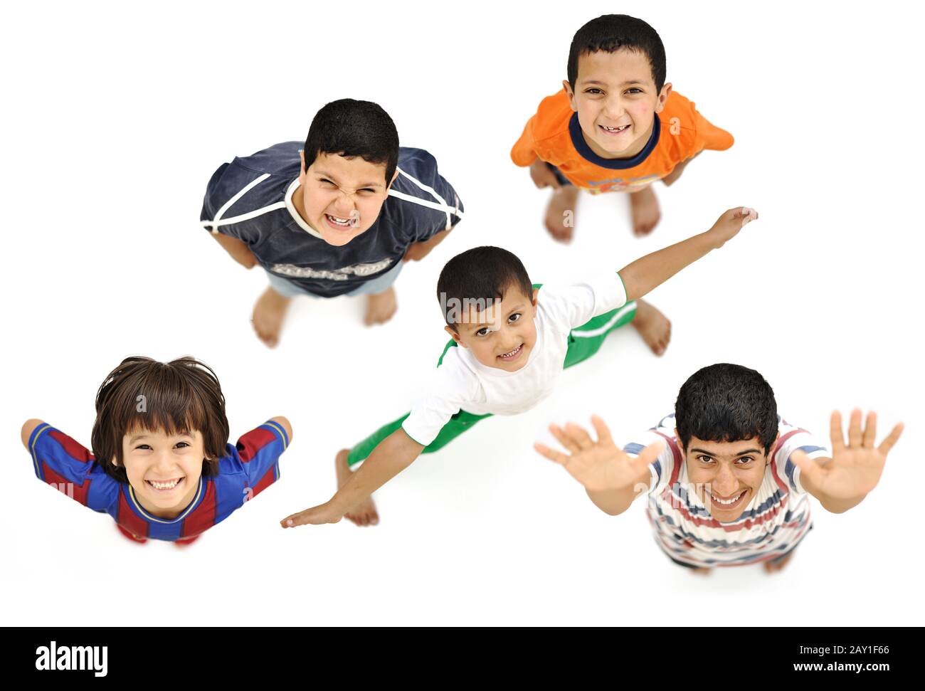 Happy child, positive fresh little smiling boy from above, different ...