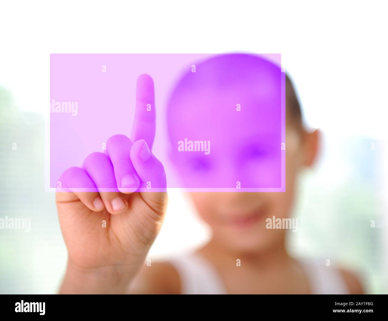 Kid pressing digital button with copy space for your message Stock ...