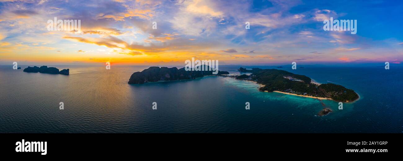 Amazing sunset aerial view of Nui Beach from drone. Ko Phi Phi Don ...