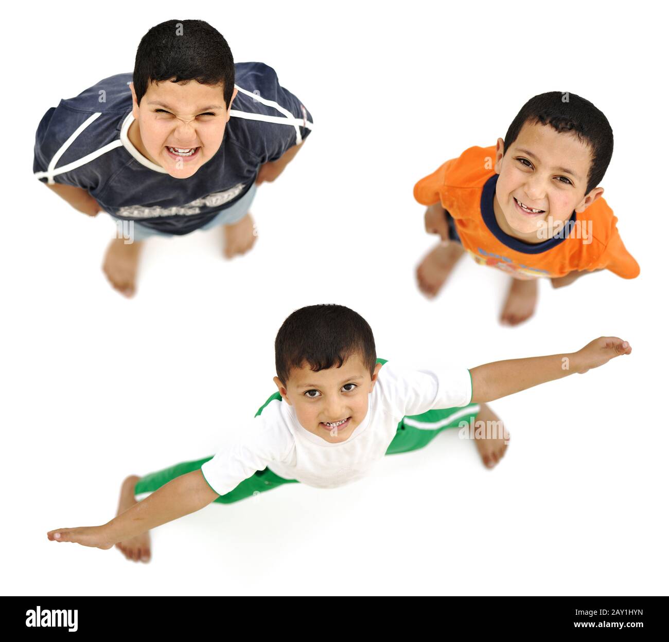 Happy child, positive fresh little smiling boy from above, different ...