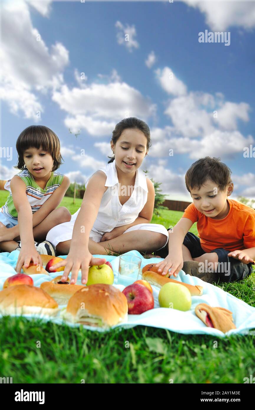 Small group of children eating together in nature, picnic, beautiful ...