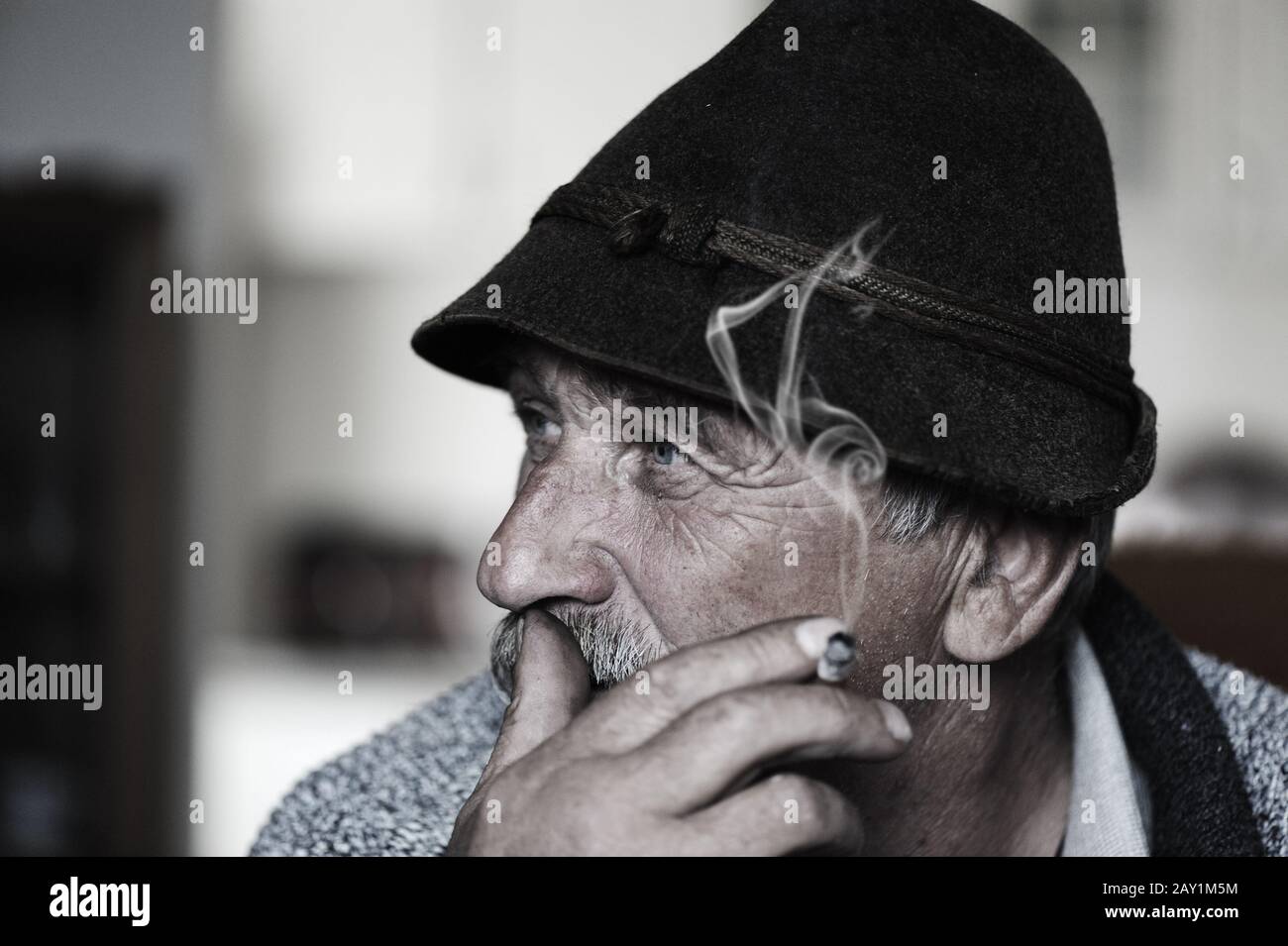 Closeup Artistic Photo of Aged Man With Grey Mustache Smoking Cigarette ...