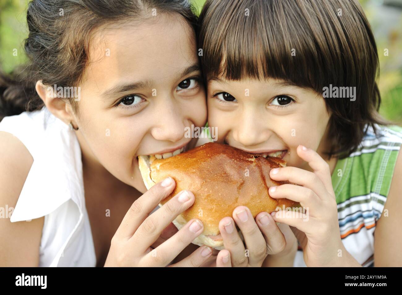 Closeup of two children eating sandwich in nature together, healthy ...
