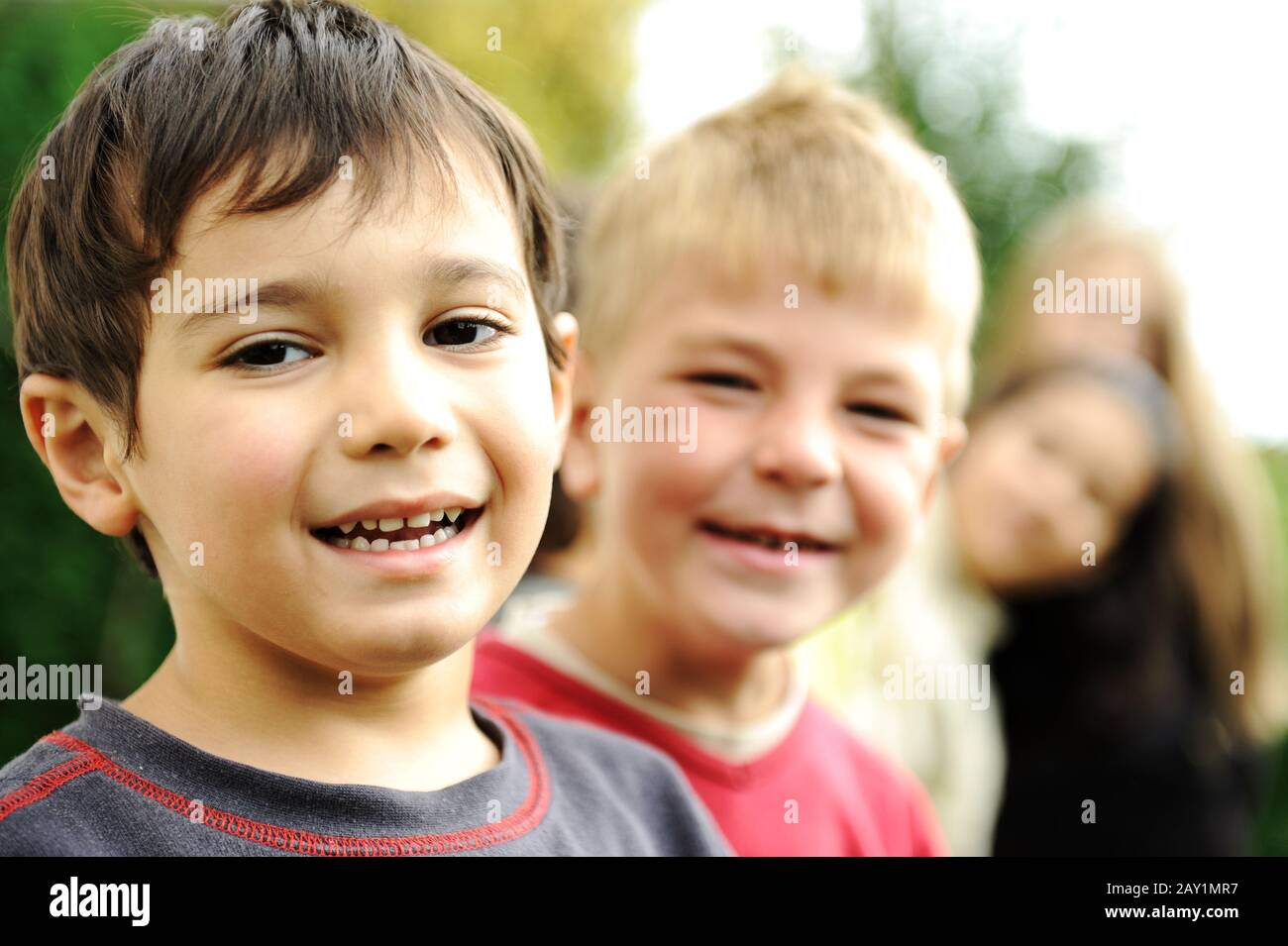 Happiness without limit, happy children together outdoor, faces ...