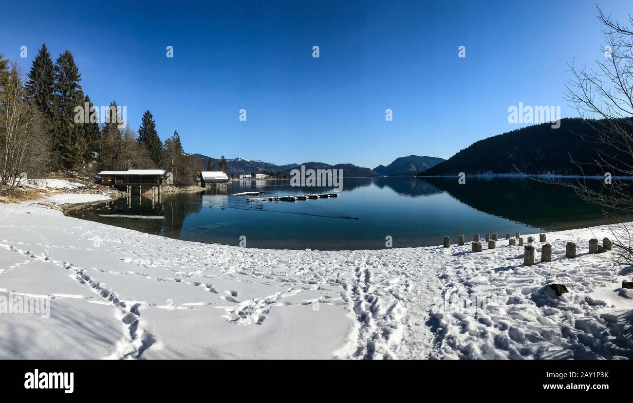 Panorama photo of Walchensee in winter Stock Photo - Alamy