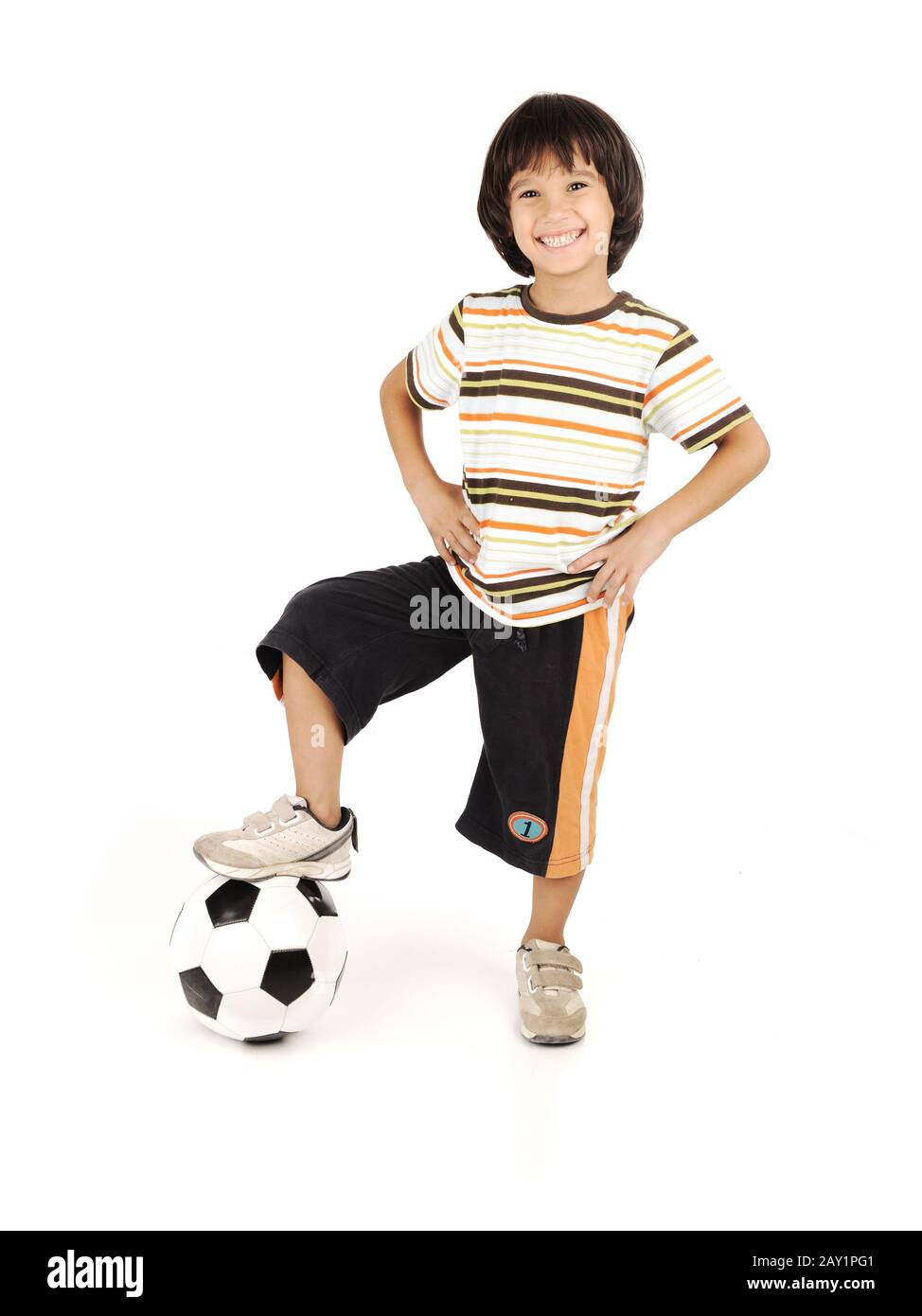 Little boy playing football isolated on white background Stock Photo ...